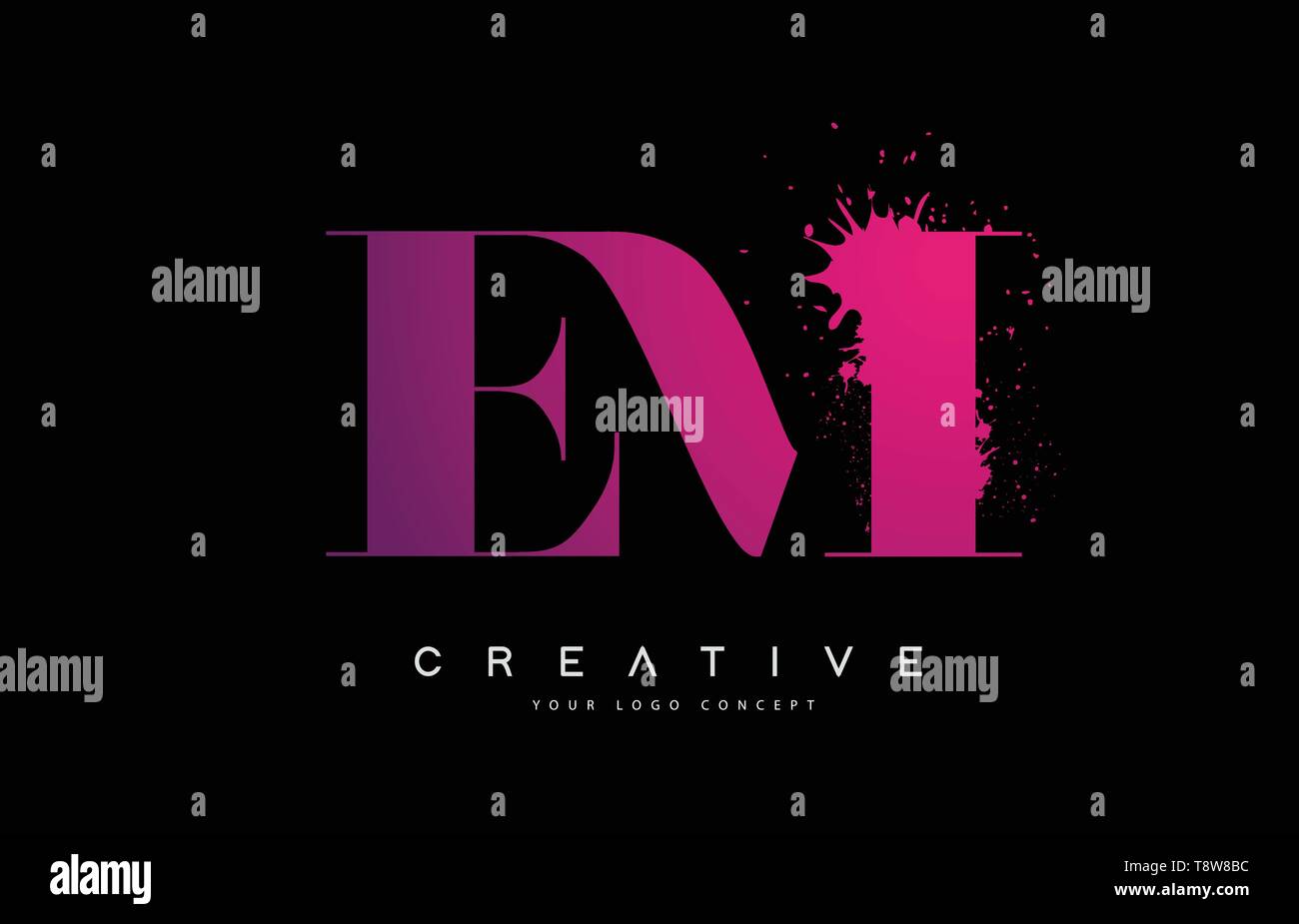 Purple Pink EM E M Letter Logo Design with Ink Watercolor Splash Spill ...