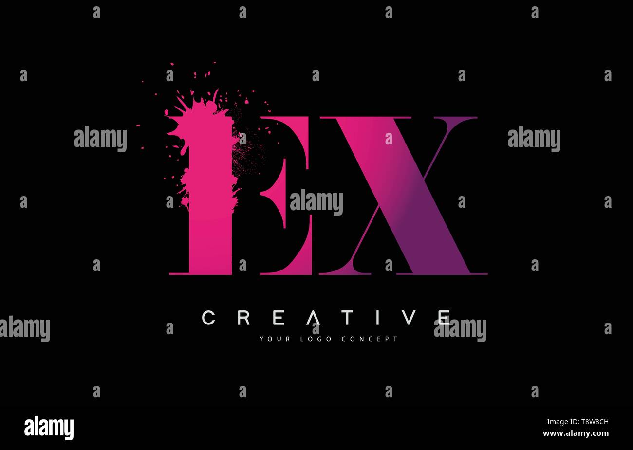 Purple Pink EX E X Letter Logo Design with Ink Watercolor Splash Spill ...