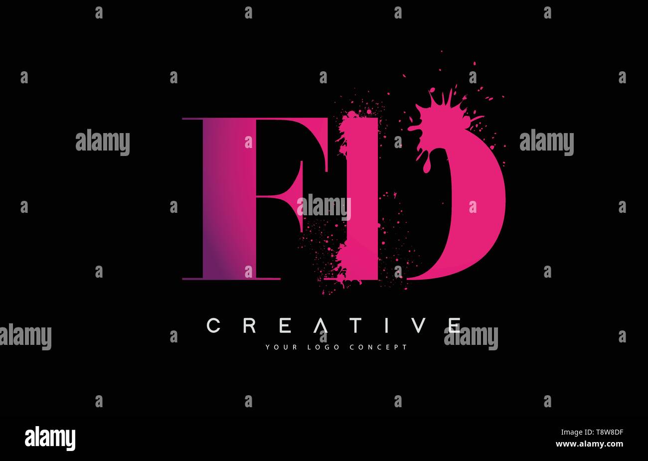 Purple Pink FD F D Letter Logo Design with Ink Watercolor Splash Spill ...