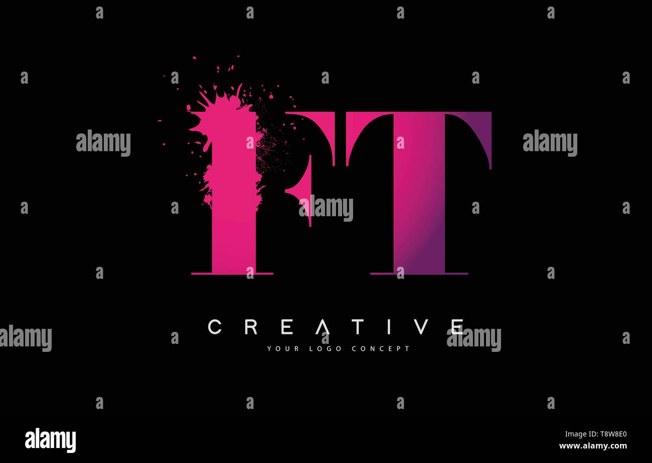Purple Pink FT F T Letter Logo Design with Ink Watercolor Splash Spill ...