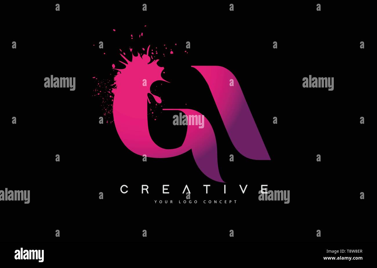 Purple Pink GA G A Letter Logo Design with Ink Watercolor Splash Spill ...
