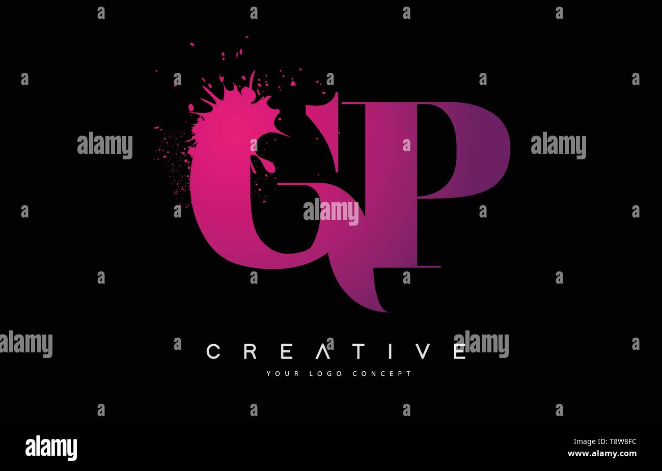 Purple Pink GP G P Letter Logo Design with Ink Watercolor Splash Spill ...