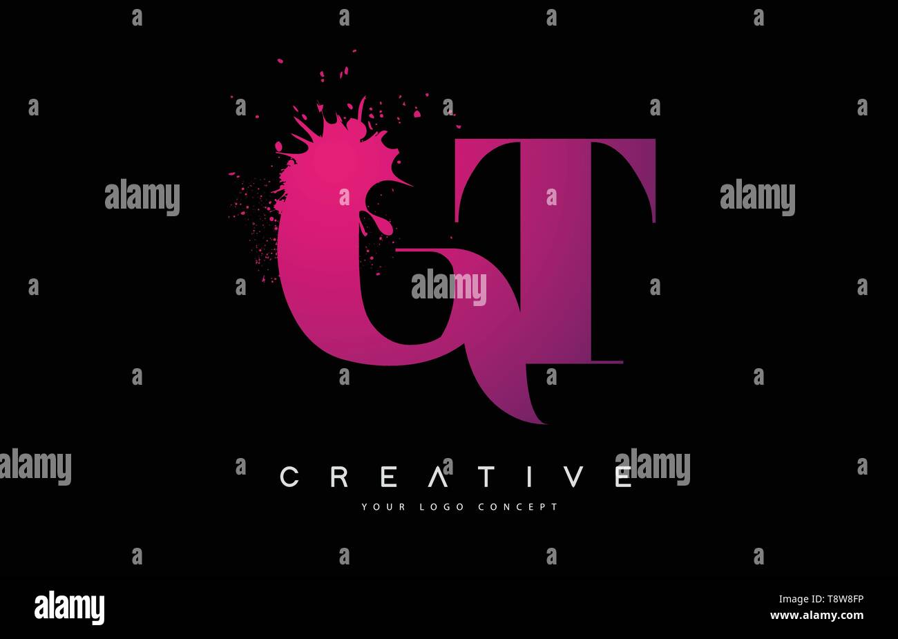 Purple Pink GT G T Letter Logo Design with Ink Watercolor Splash Spill ...