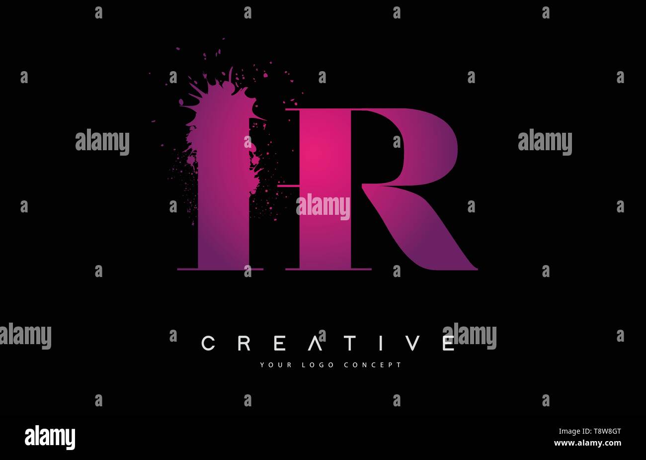 Purple Pink HR H R Letter Logo Design with Ink Watercolor Splash Spill ...