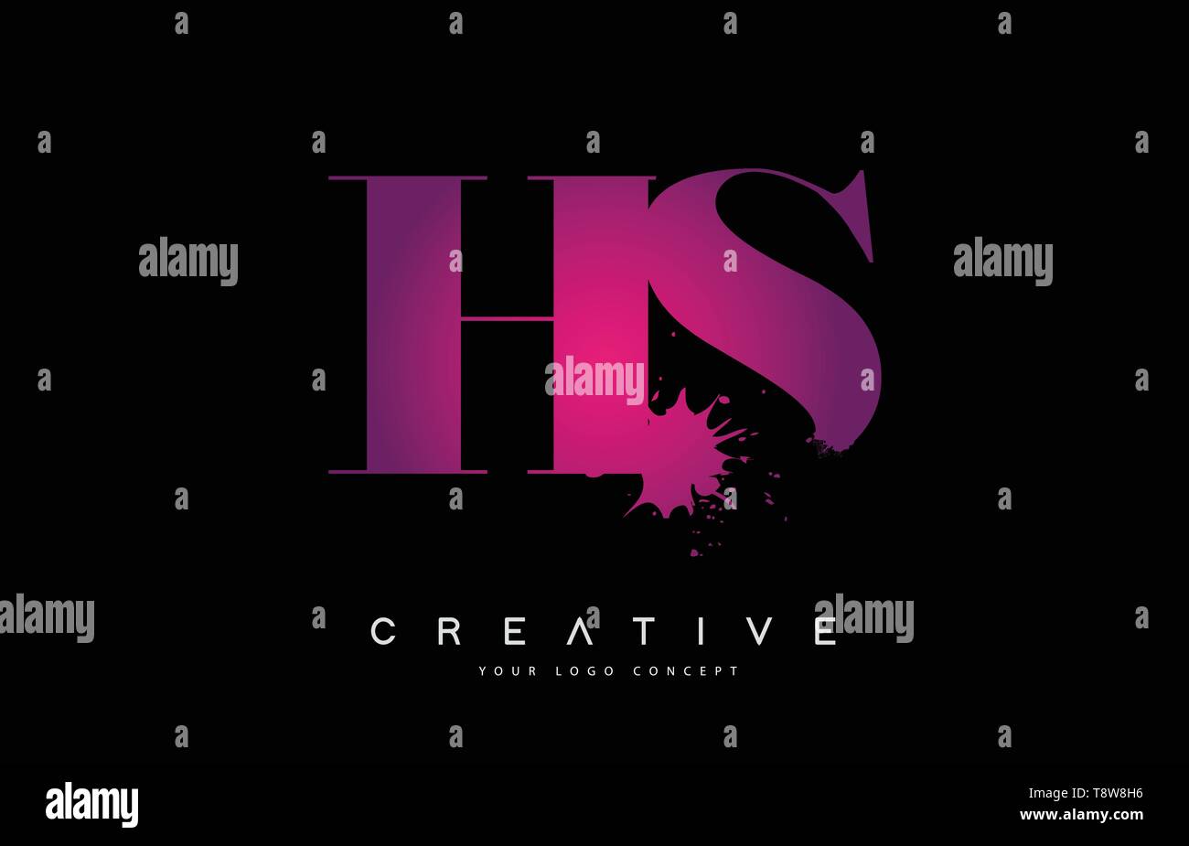 Purple Pink HS H S Letter Logo Design with Ink Watercolor Splash Spill ...