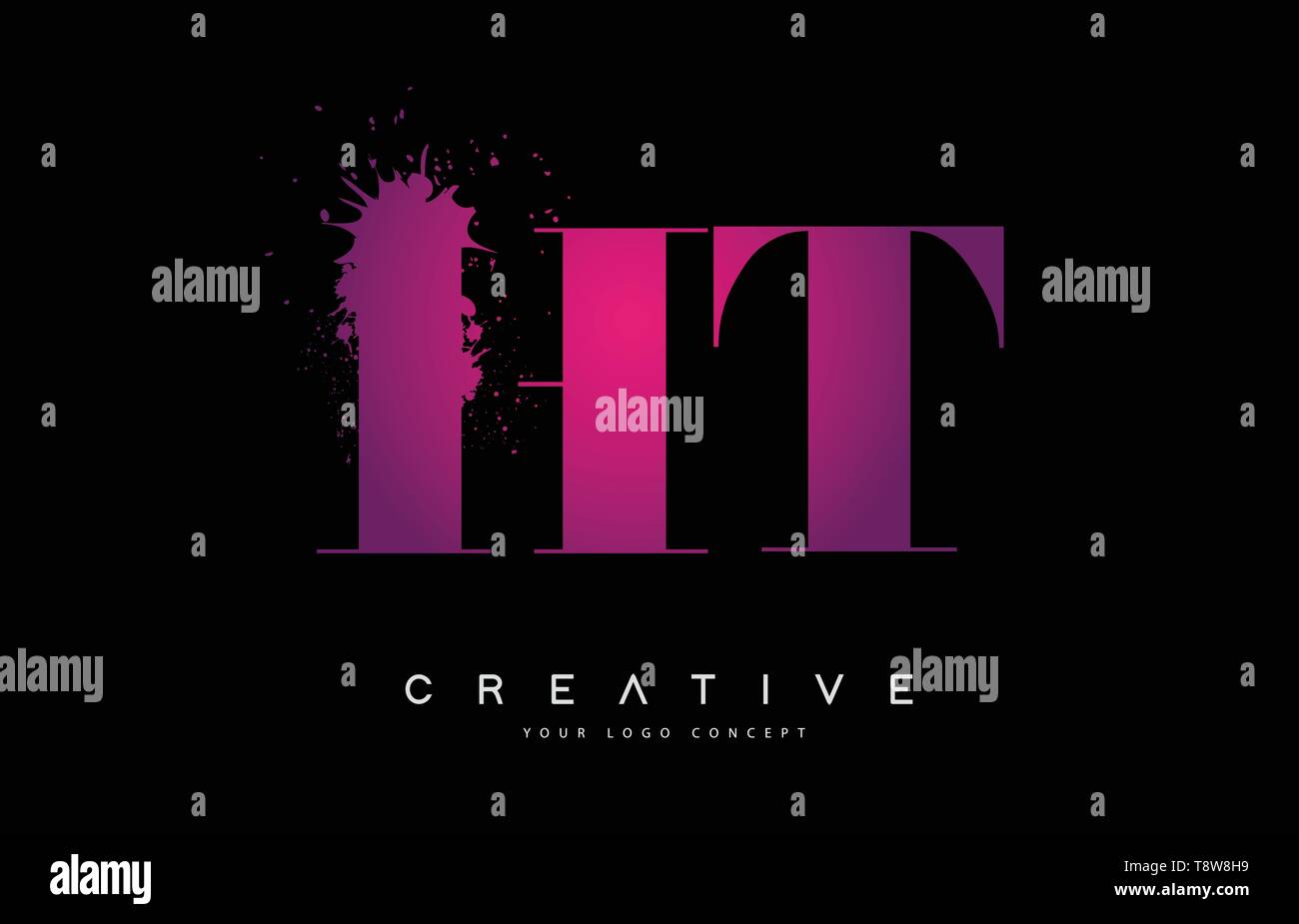 Purple Pink HT H T Letter Logo Design with Ink Watercolor Splash Spill ...