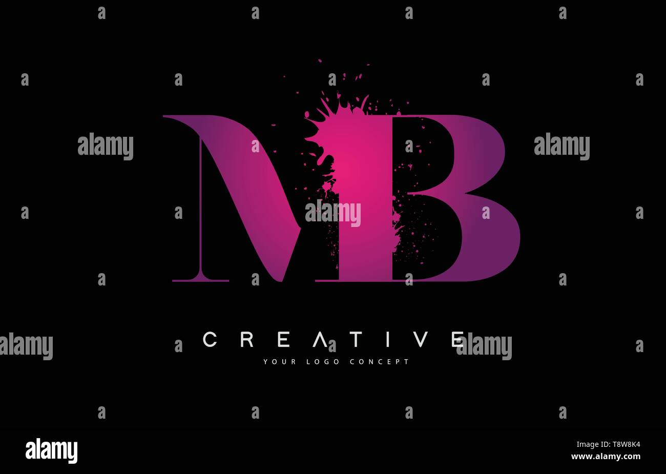 Purple Pink MB M B Letter Logo Design with Ink Watercolor Splash Spill ...
