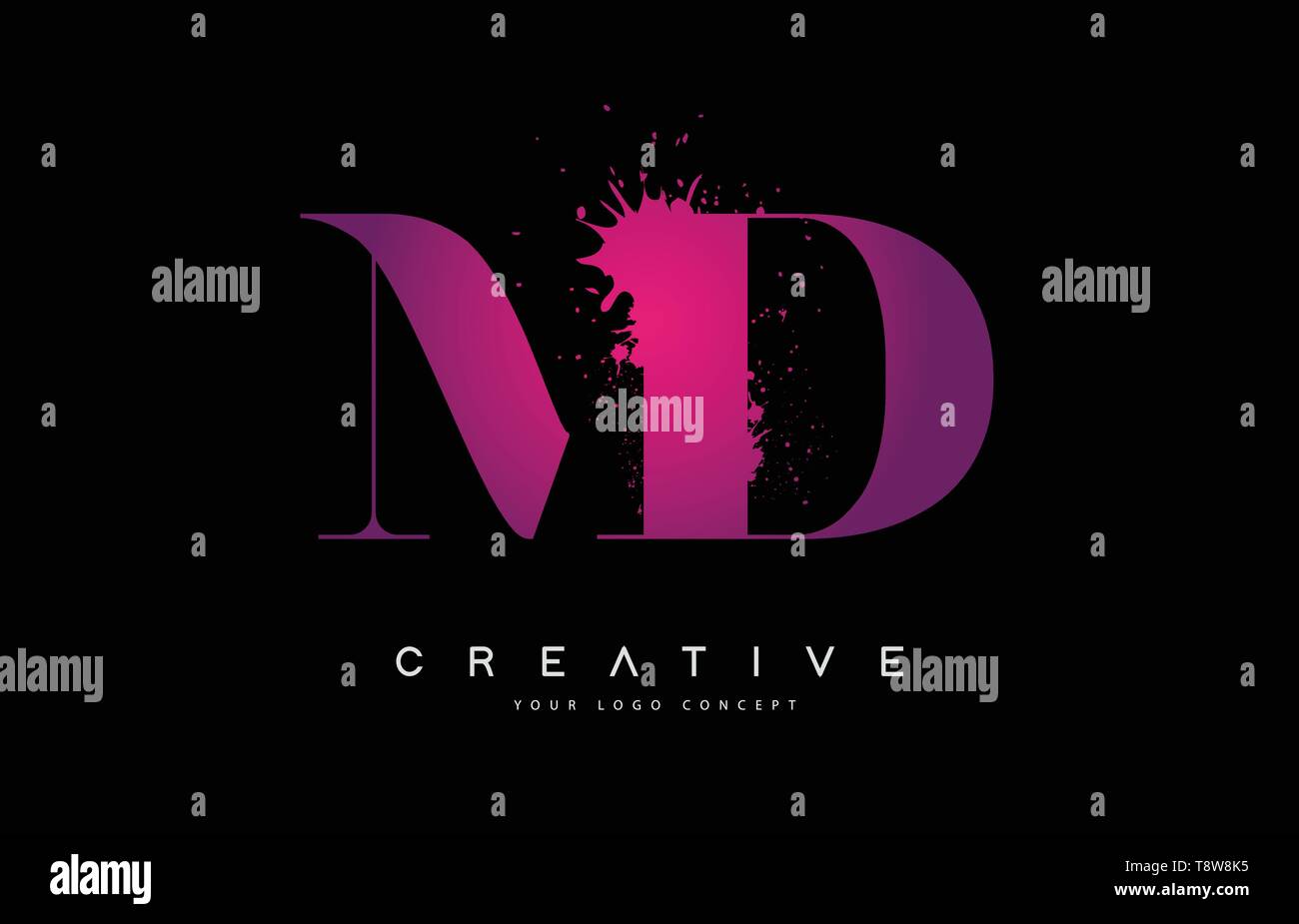 Purple Pink MD M D Letter Logo Design with Ink Watercolor Splash Spill ...