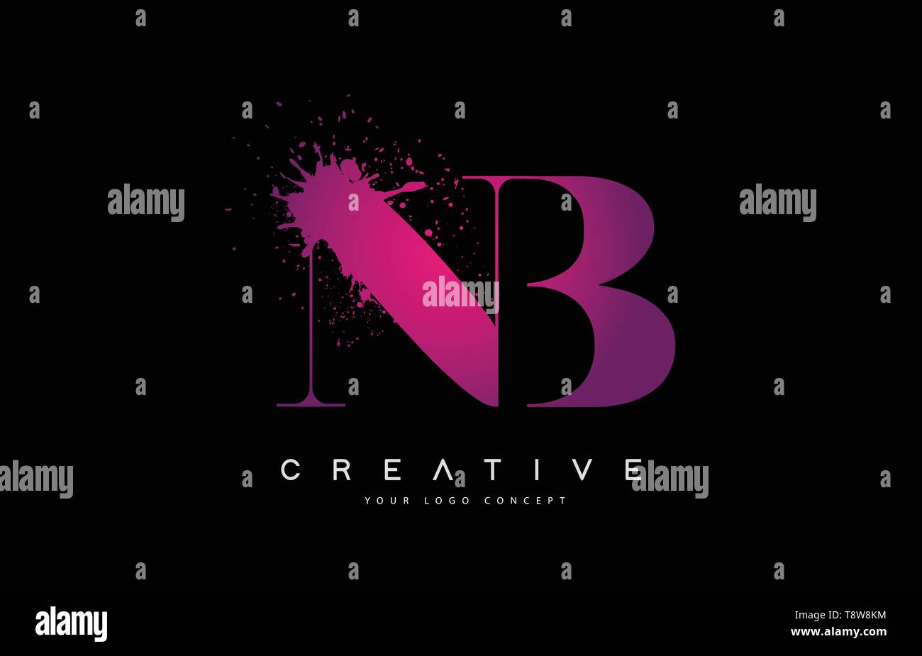 Purple Pink NB N B Letter Logo Design with Ink Watercolor Splash Spill ...