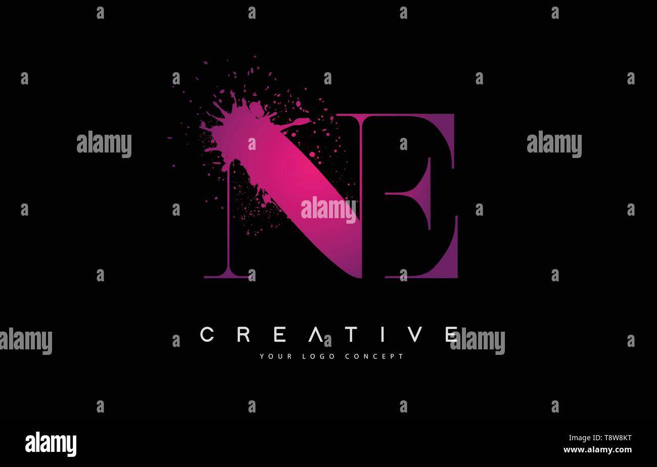 Purple Pink NE N E Letter Logo Design with Ink Watercolor Splash Spill ...