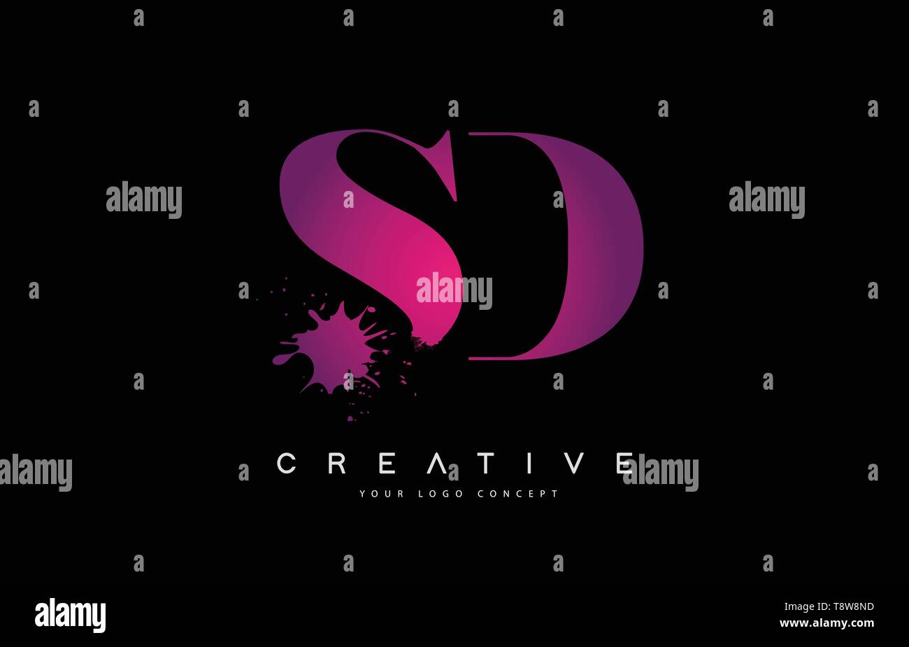 Purple Pink SD S D Letter Logo Design with Ink Watercolor Splash Spill ...