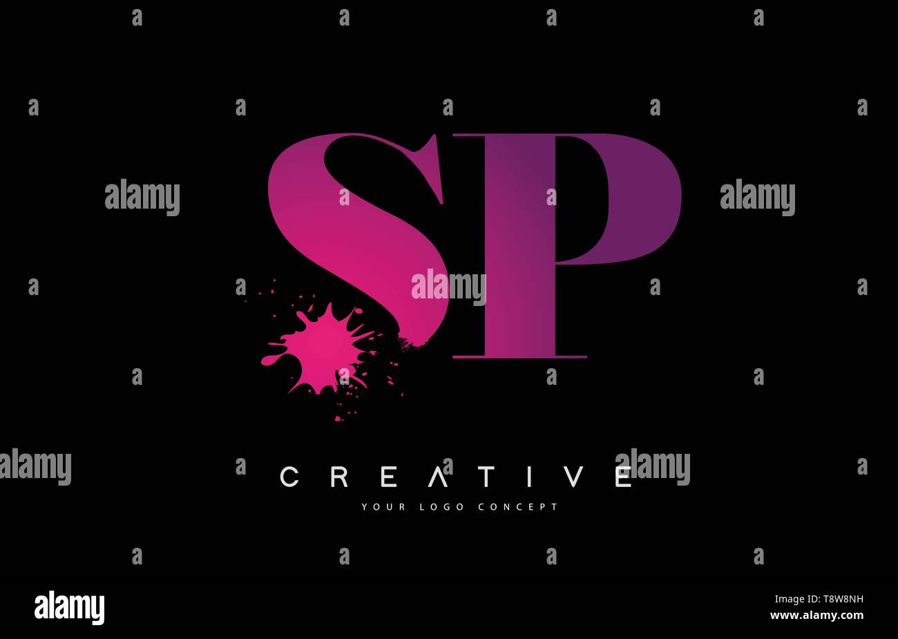 Purple Pink SP S P Letter Logo Design with Ink Watercolor Splash Spill ...