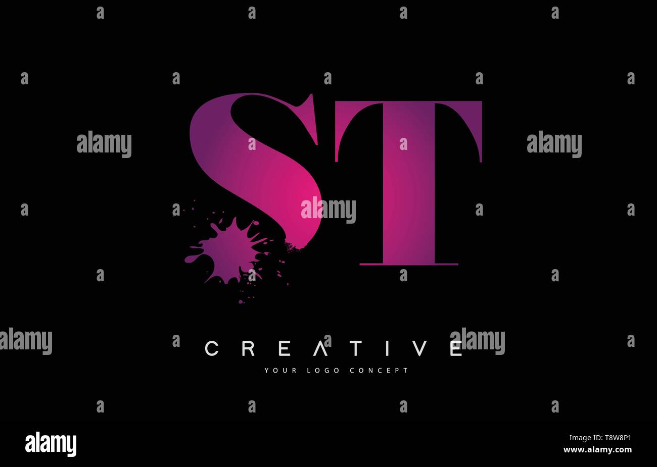 Purple Pink ST S T Letter Logo Design with Ink Watercolor Splash Spill ...
