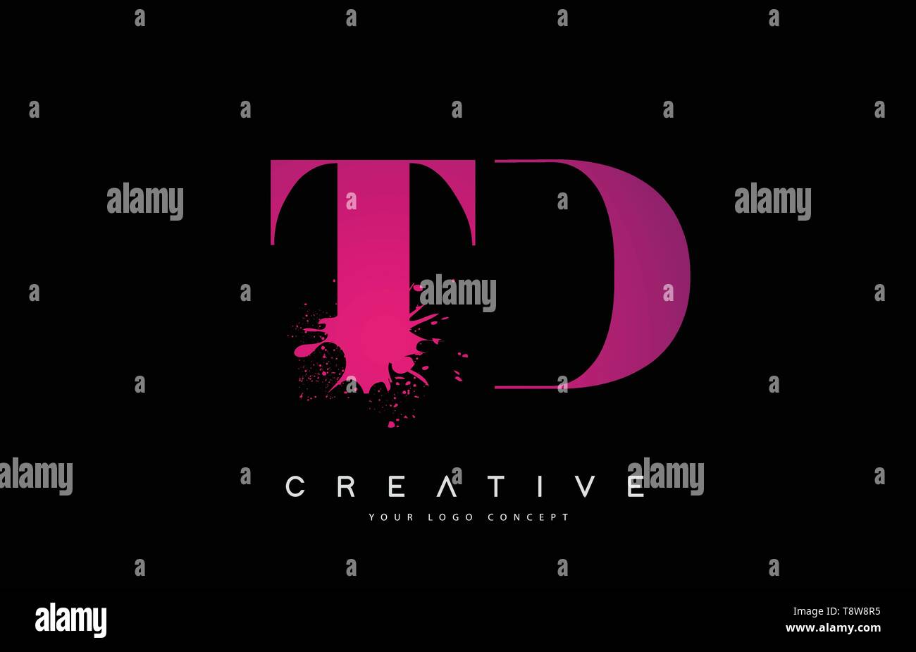 Purple Pink TD T D Letter Logo Design with Ink Watercolor Splash Spill ...
