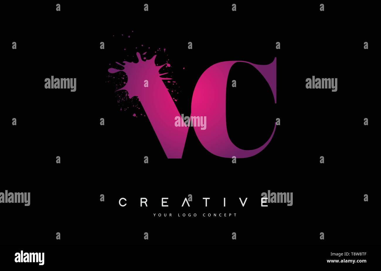 Purple Pink VC V C Letter Logo Design with Ink Watercolor Splash Spill ...