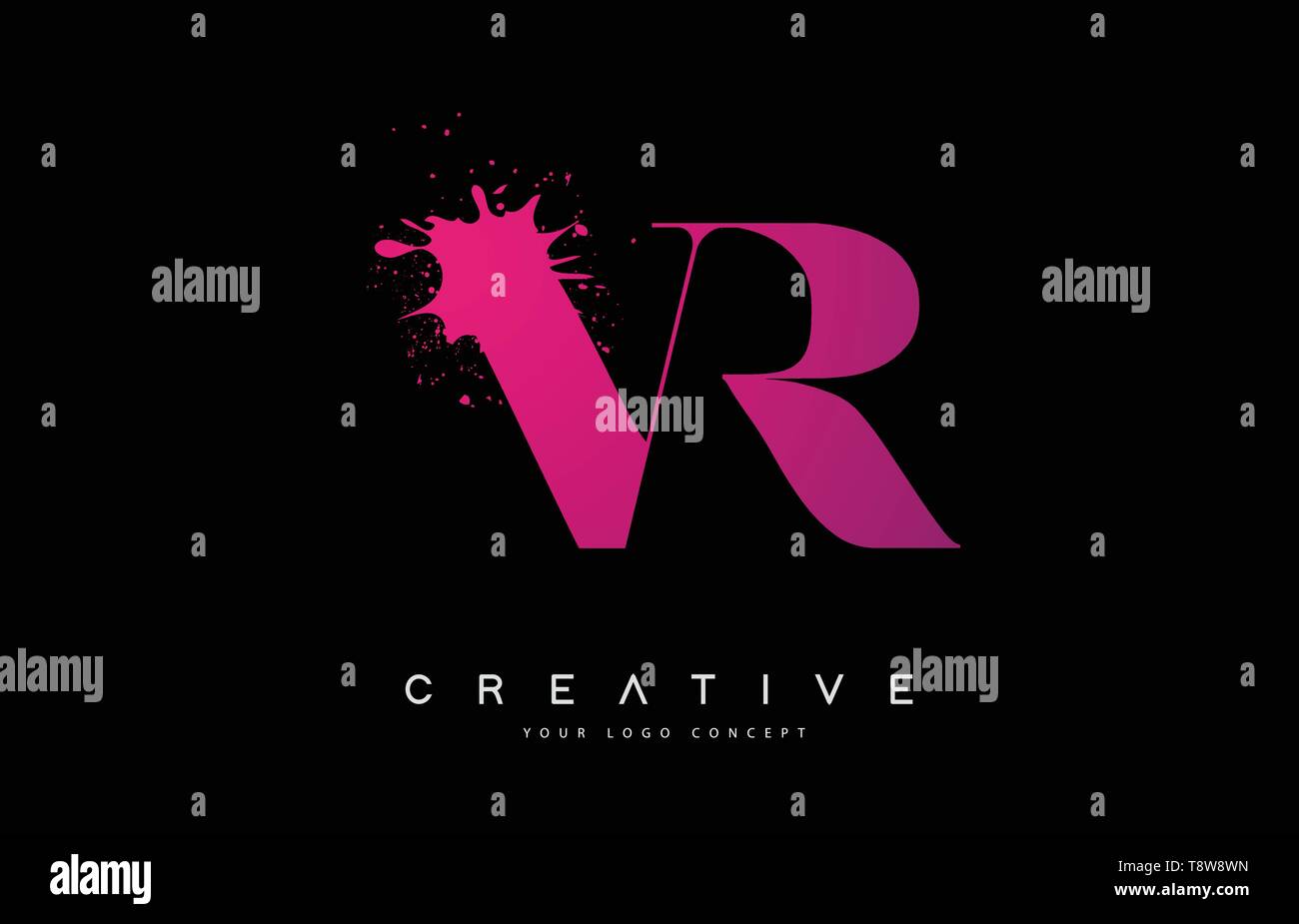 Purple Pink VR V R Letter Logo Design with Ink Watercolor Splash Spill ...