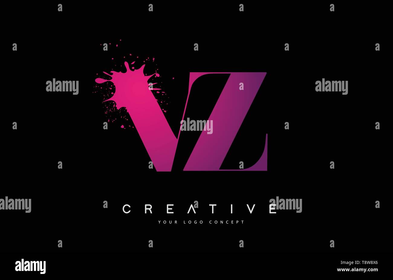 Purple Pink VZ V Z Letter Logo Design with Ink Watercolor Splash Spill ...