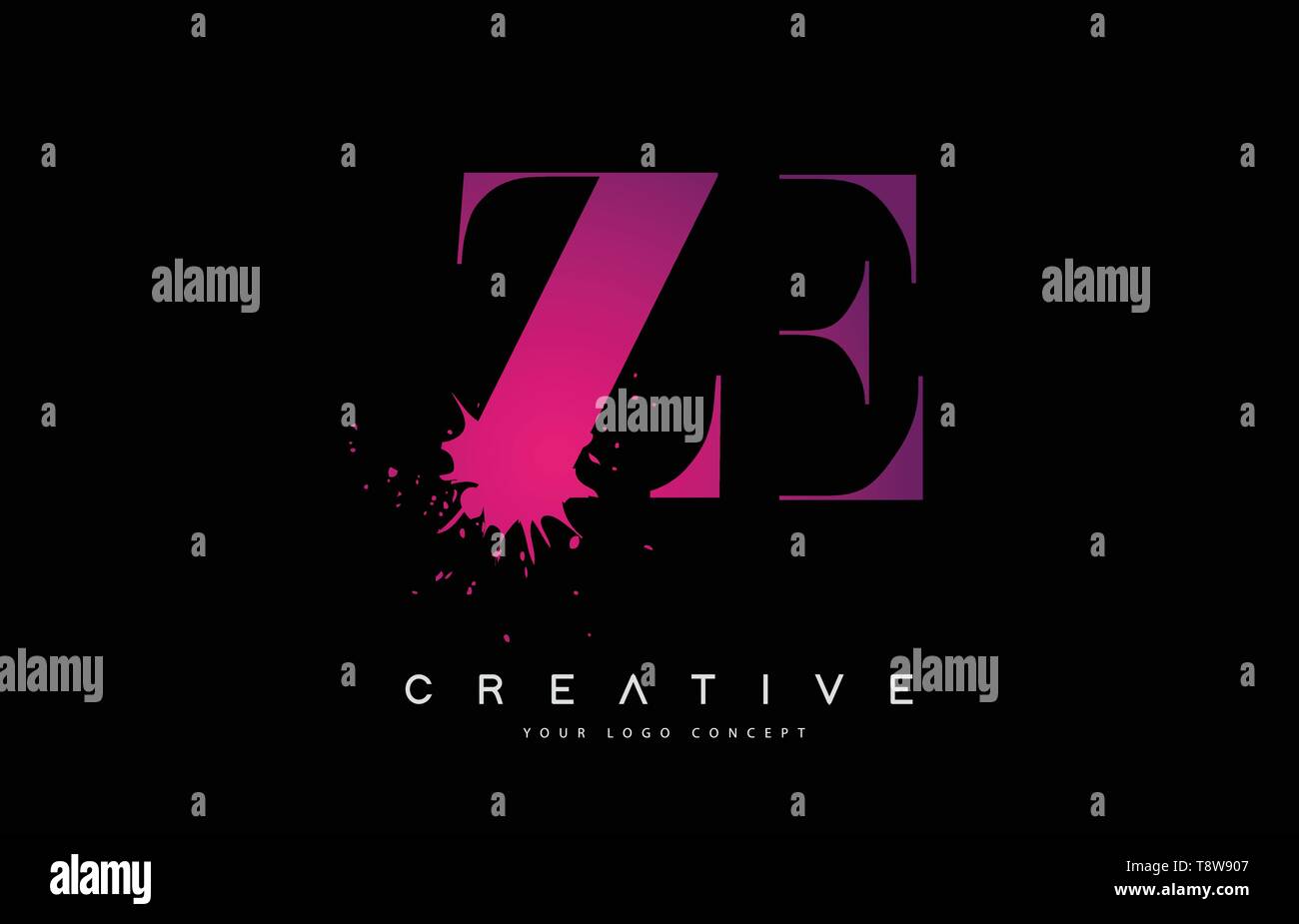ZE Z E Letter Logo Design with Black Ink Watercolor Splash Spill Vector ...