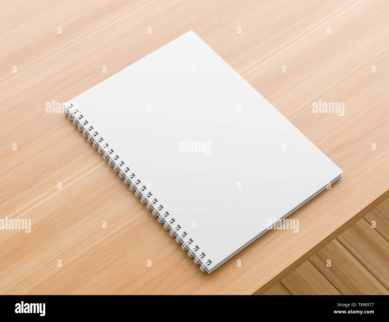 A4 format spiral binding notebook mock up on wooden table. Realistic ...