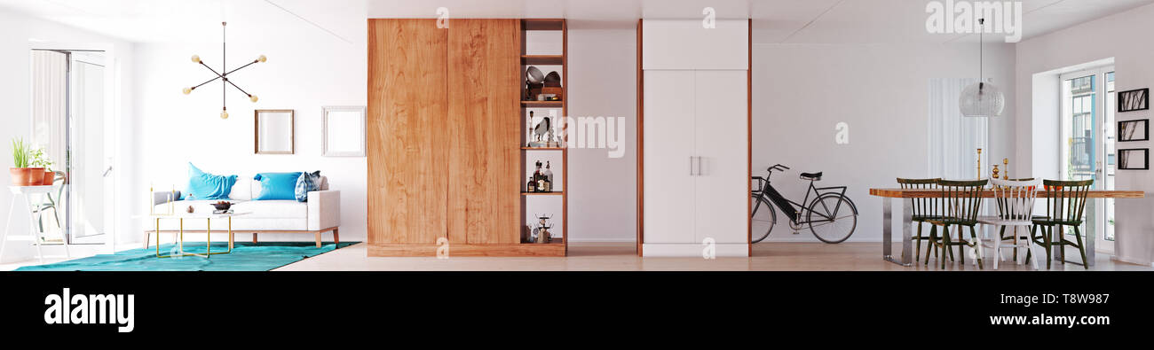 modern scandinavian style interior. 3d panoramic rendering design Stock ...