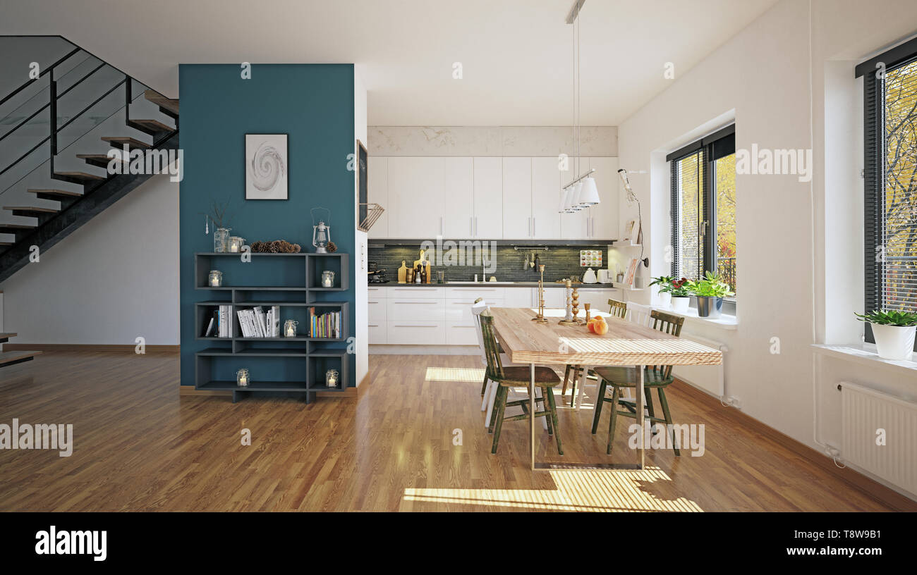 Scandinavian style kitchen design. 3d rendering concept Stock Photo - Alamy