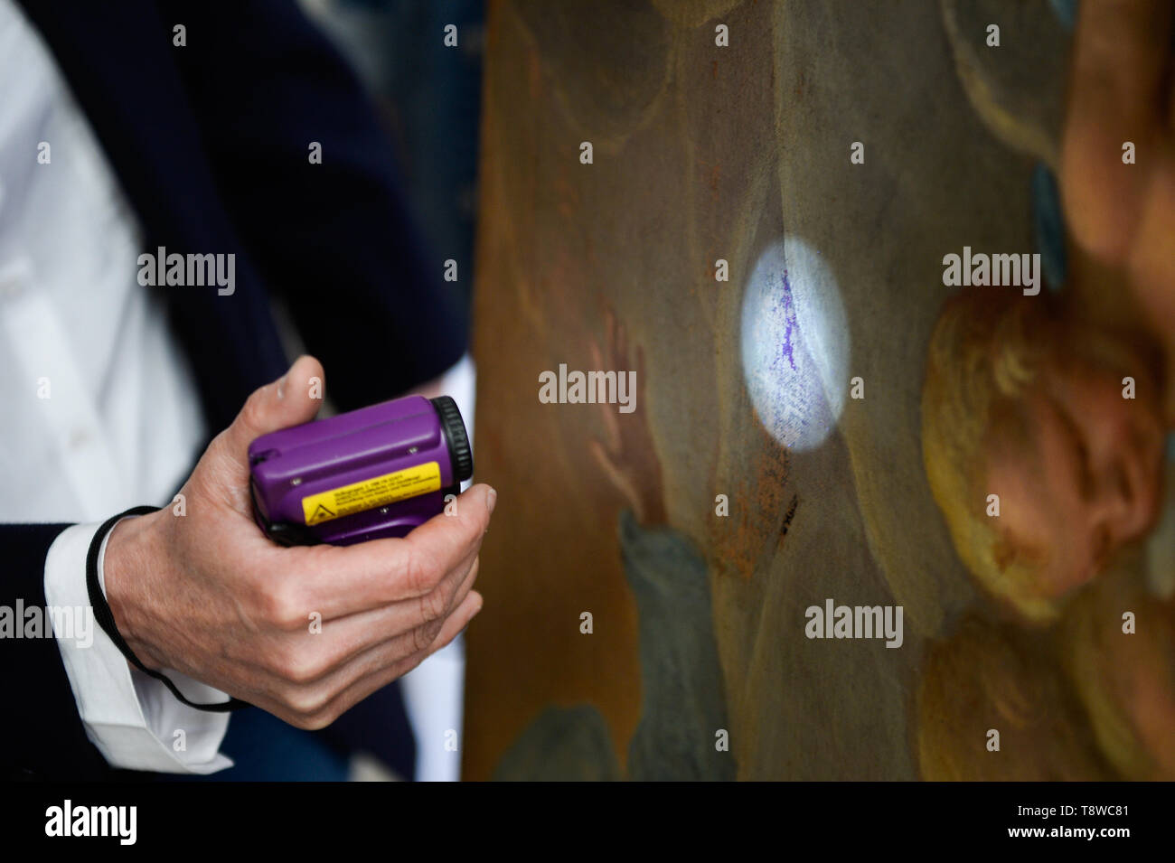 A visitor seen pointing a light to identify damages in the painting ...