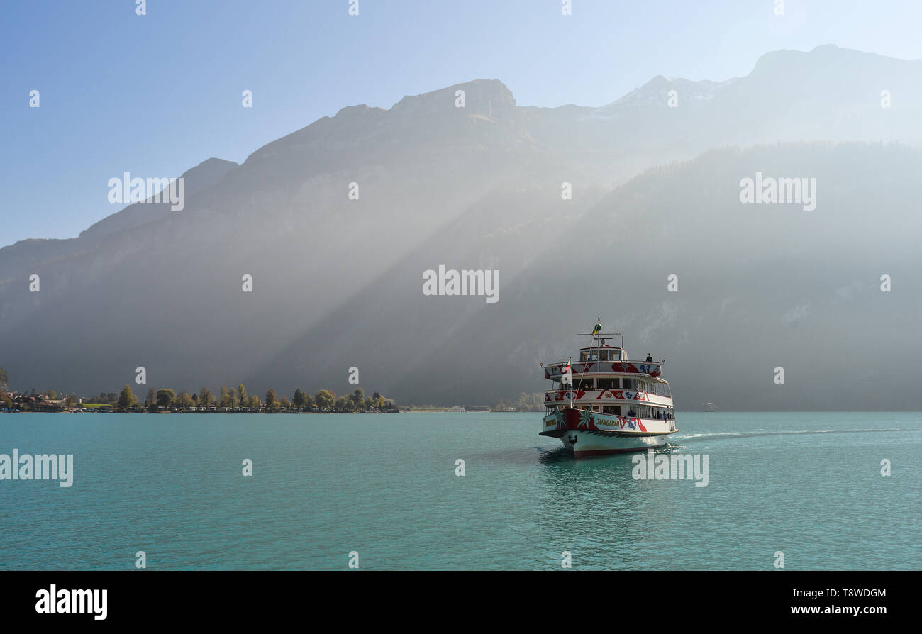 Brienz, Switzerland - Oct 21, 2018. Tourist ferry on the lake in Brienz ...