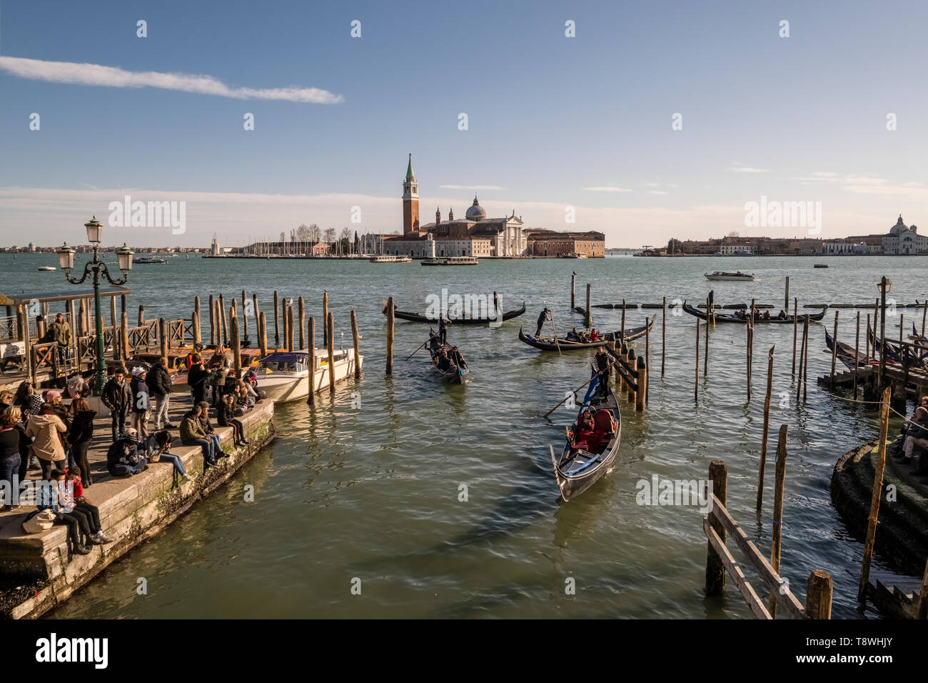 Boatman are rowing Gondolas, the traditional venetian rowing boats, on ...