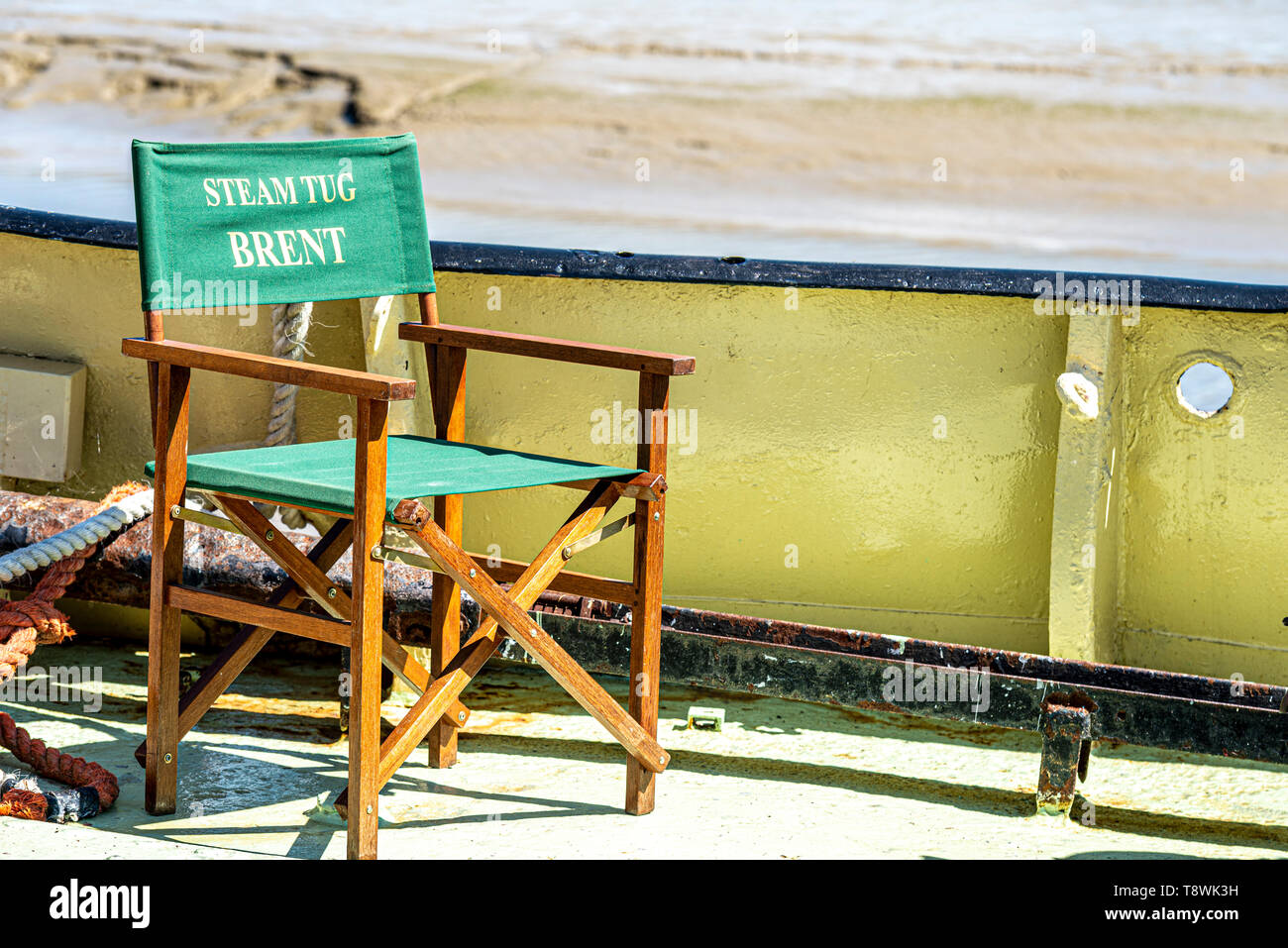 Steam Tug Brent wood and canvas chair onboard the steam tug boat on the ...