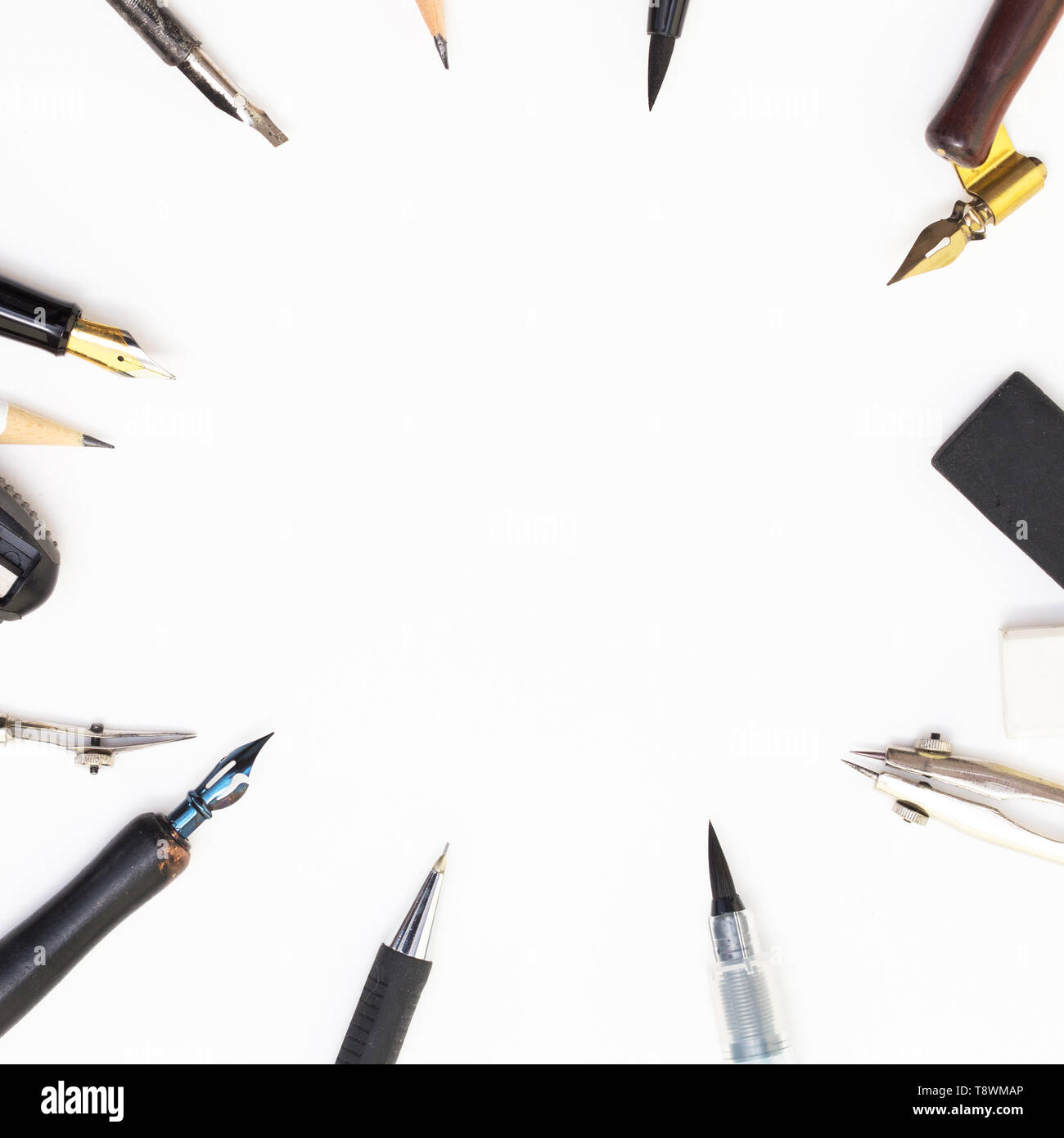 Background with white paper, pencils and eraser. Workplace for the ...