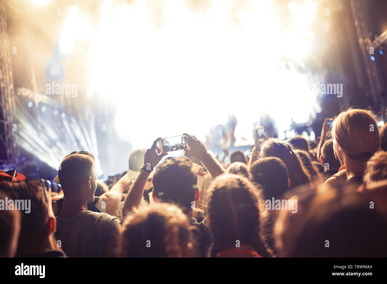 Portrait of happy crowd enjoying at music festival Stock Photo - Alamy