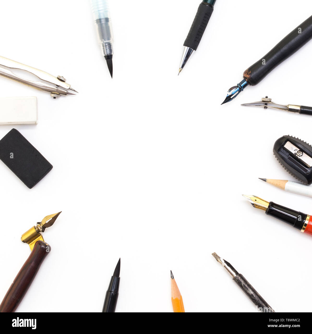 Background with white paper, pencils and eraser. Workplace for the ...