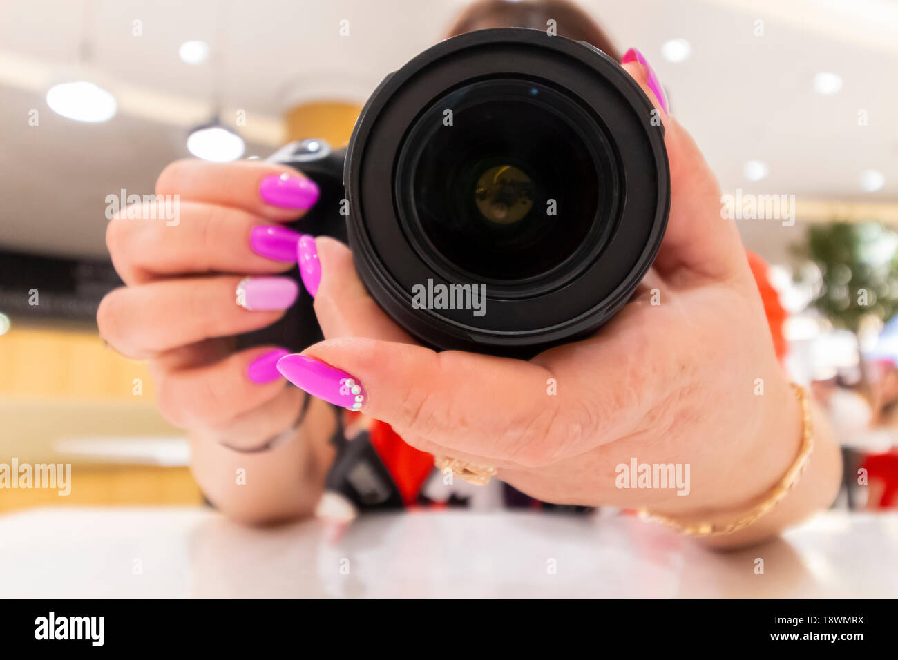 A female photographer is preparing to take a close-up photograph Stock ...
