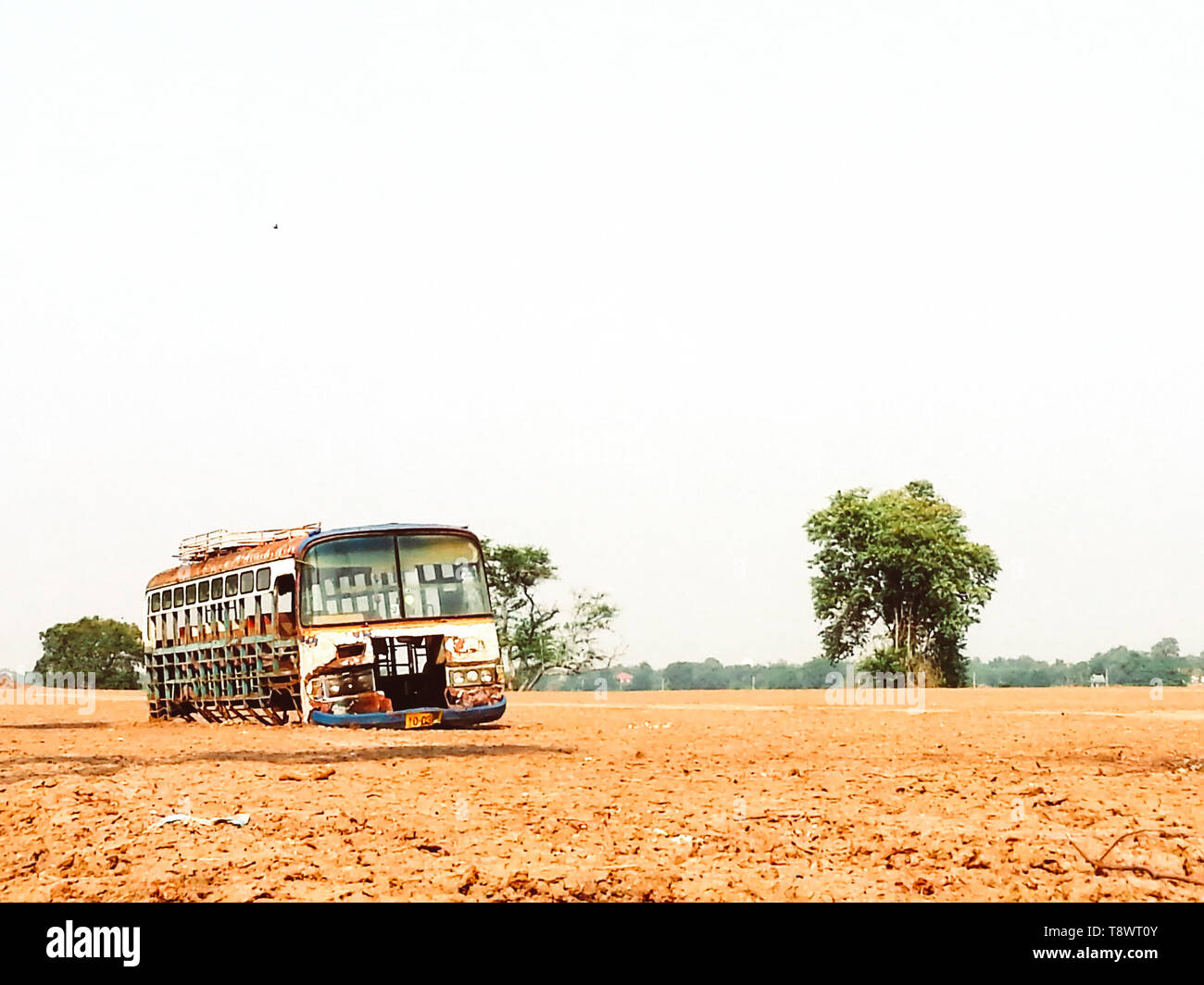 Abandoned old bus in a vacant field Old school bus in field with trees ...