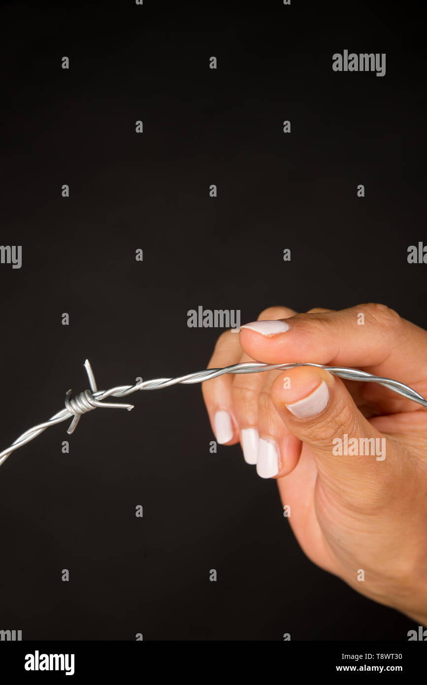 Female hand holding barbed wire, an immigration concept Stock Photo - Alamy