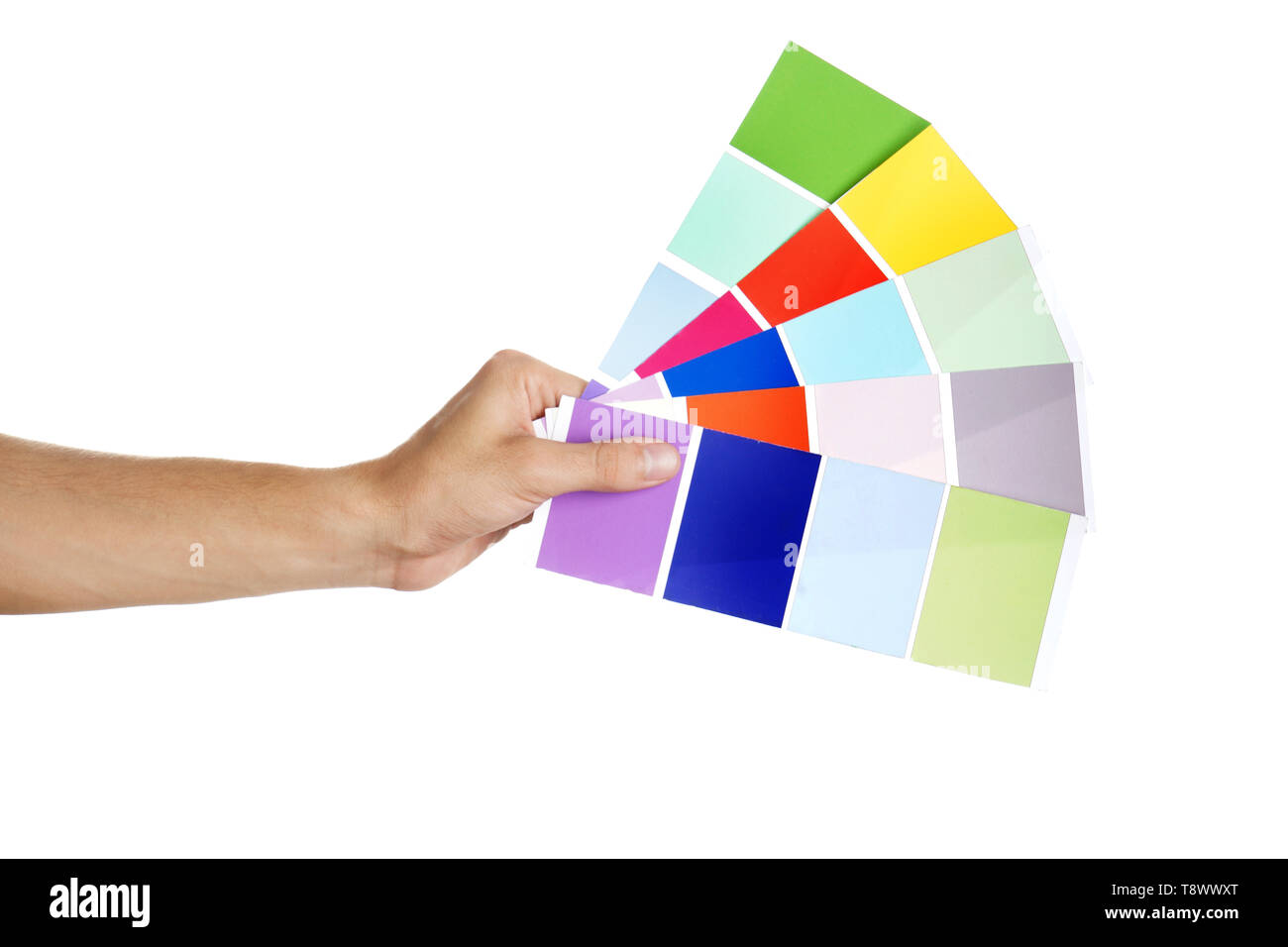 Color palette samples in male hand isolated on white Stock Photo - Alamy