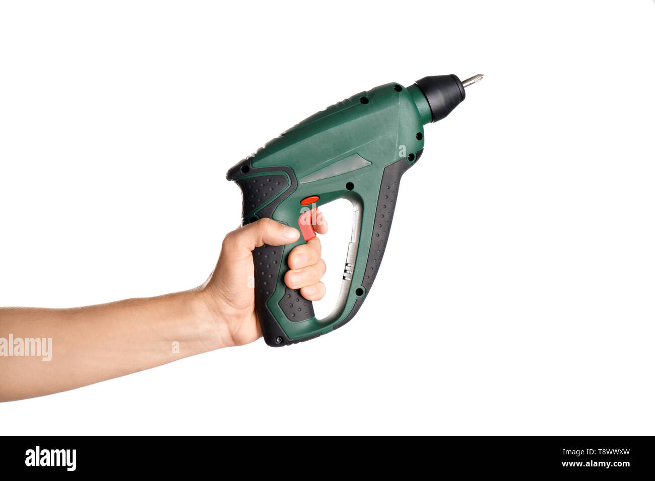 Drill in male hand isolated on white Stock Photo - Alamy