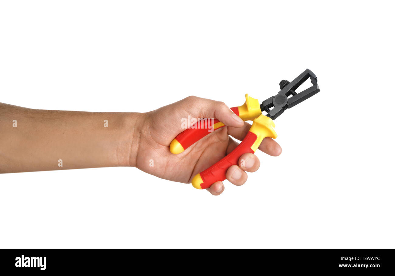 Wire stripper in male hand isolated on white Stock Photo - Alamy