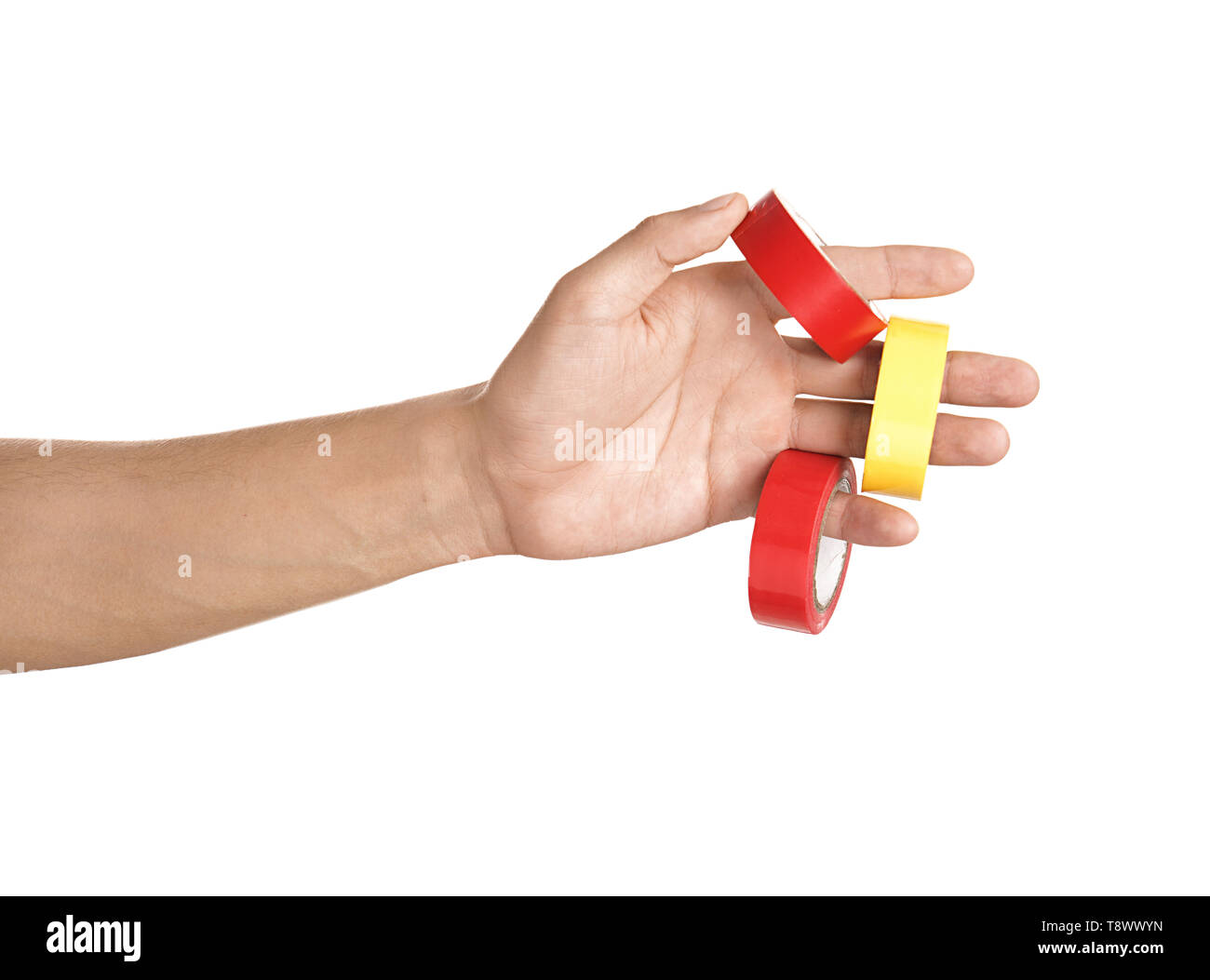 Sticky tapes in male hand isolated on white Stock Photo - Alamy