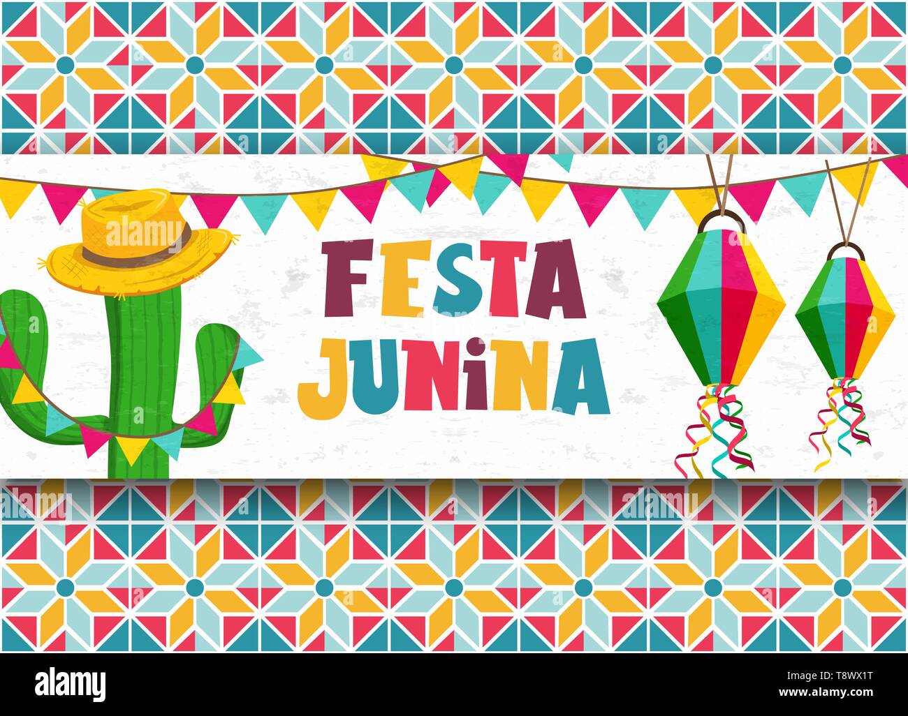 Happy Festa Junina greeting card illustration of cactus and straw hat ...