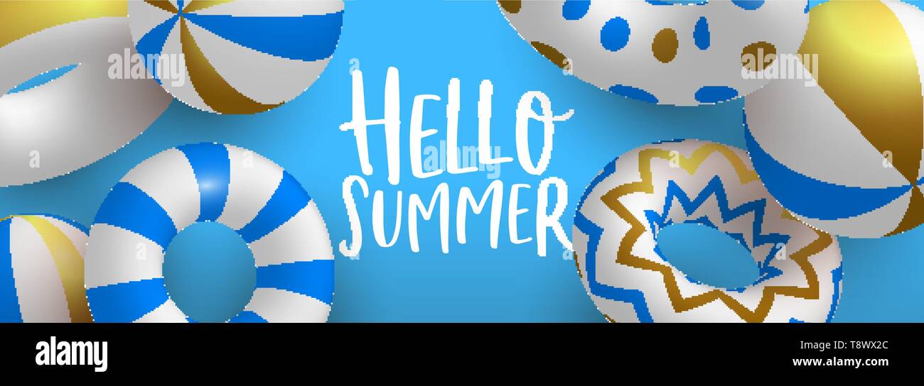 Hello Summer web banner illustration. 3D life savers and beach balls in ...