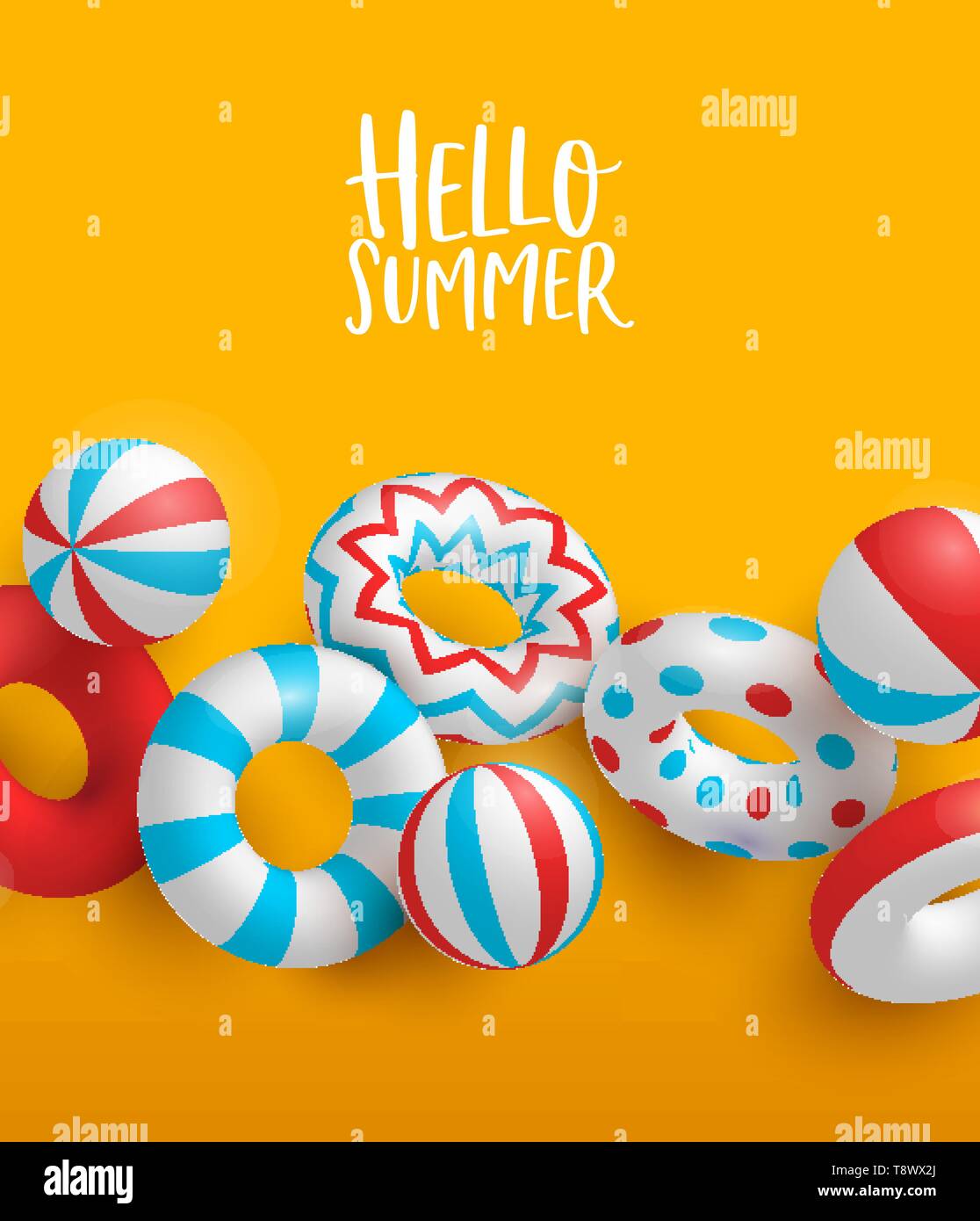 Hello Summer greeting card of 3d life savers and beach balls. Colorful ...