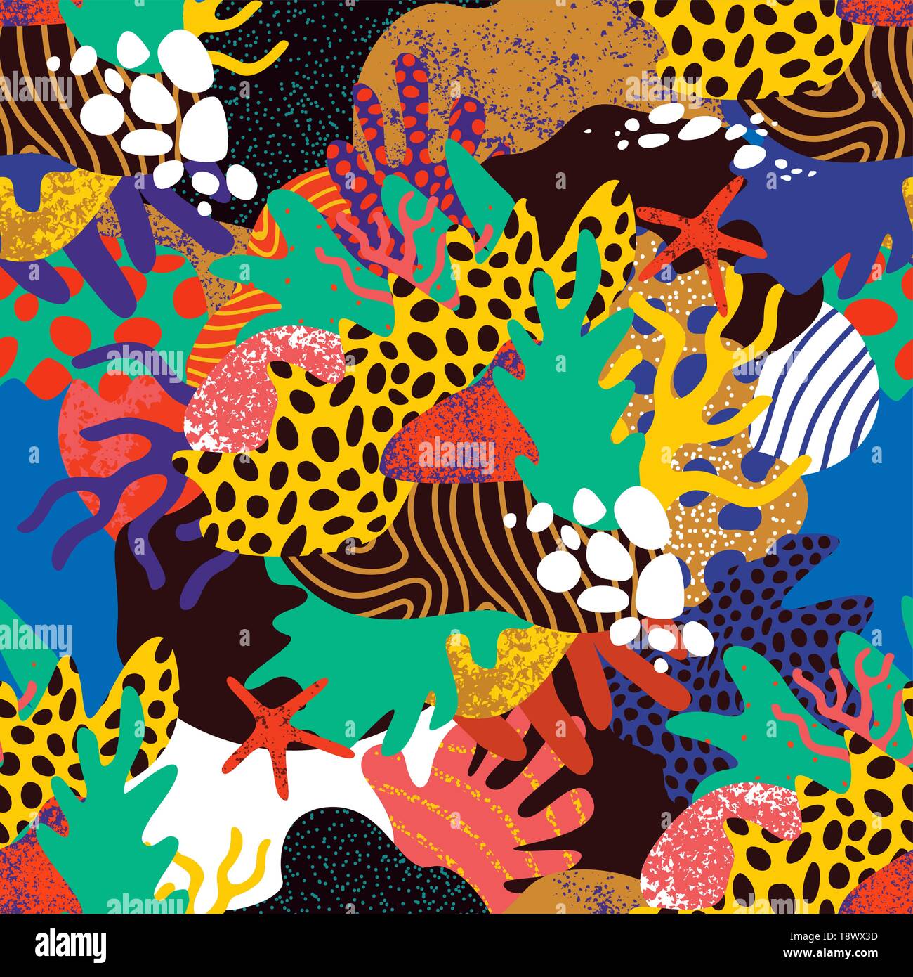 Abstract summer seamless pattern with colorful hand drawn coral reef ...