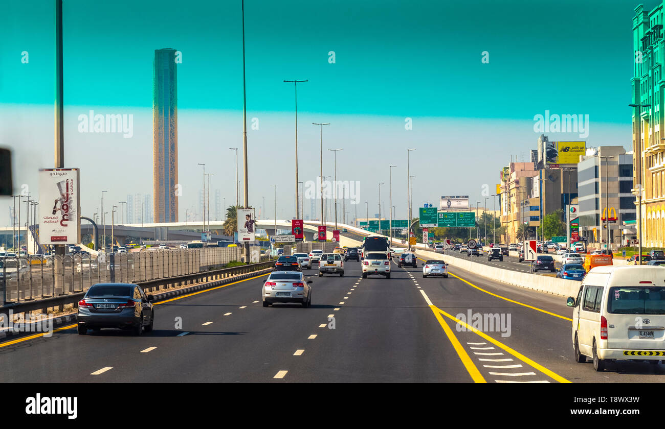 Dubai, UAE - November 29, 2018: Urban roads through the front window of ...