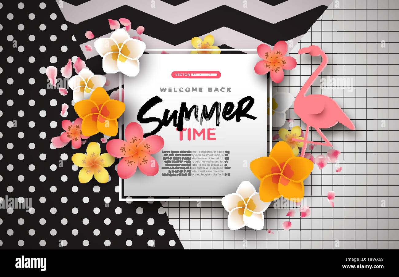 Summer season greeting card background template. Colorful 3d tropical ...
