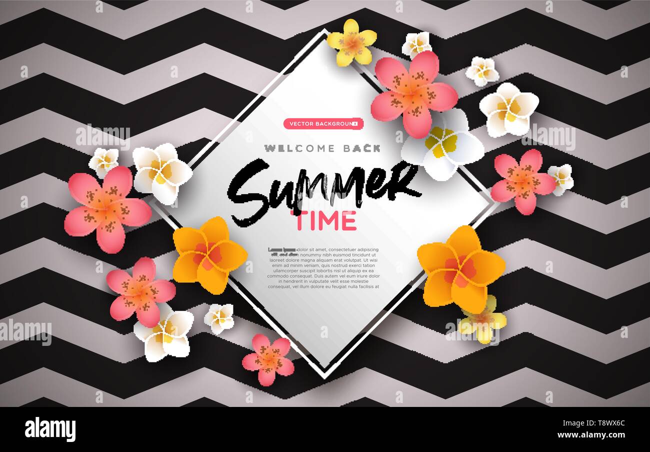 Summer season greeting card background template. Colorful 3d tropical ...