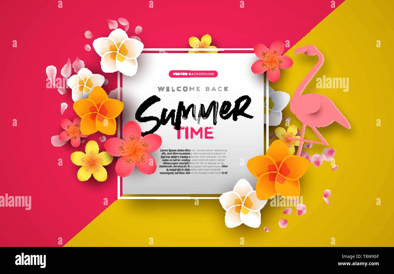 Summer season greeting card background template. Colorful 3d tropical ...