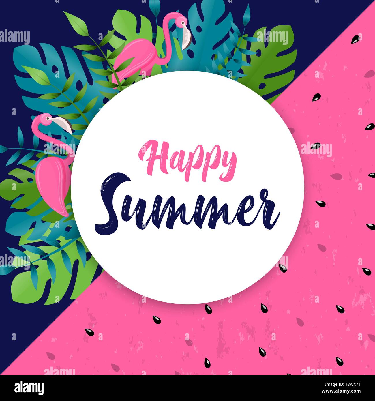 Happy Summer greeting card illustration of tropical plants and pink ...