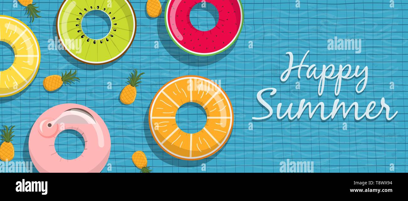 Happy Summer web banner illustration of fun life savers and pineapple ...