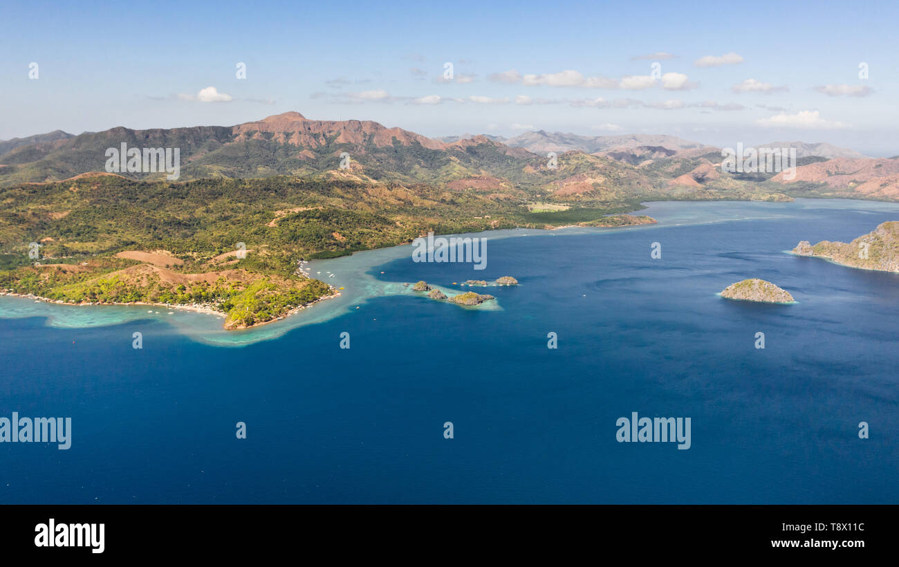 Seascape in the Philippines. Sea coast with mountains and islands ...